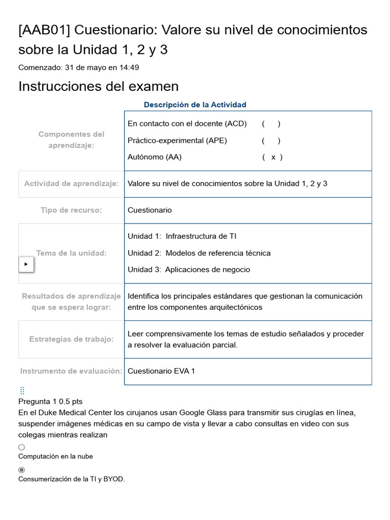Examen - (AAB01) Cuestionario - Valore Su Nivel de Conocimientos Sobre La Unidad 1, 2 y 3 | PDF ...