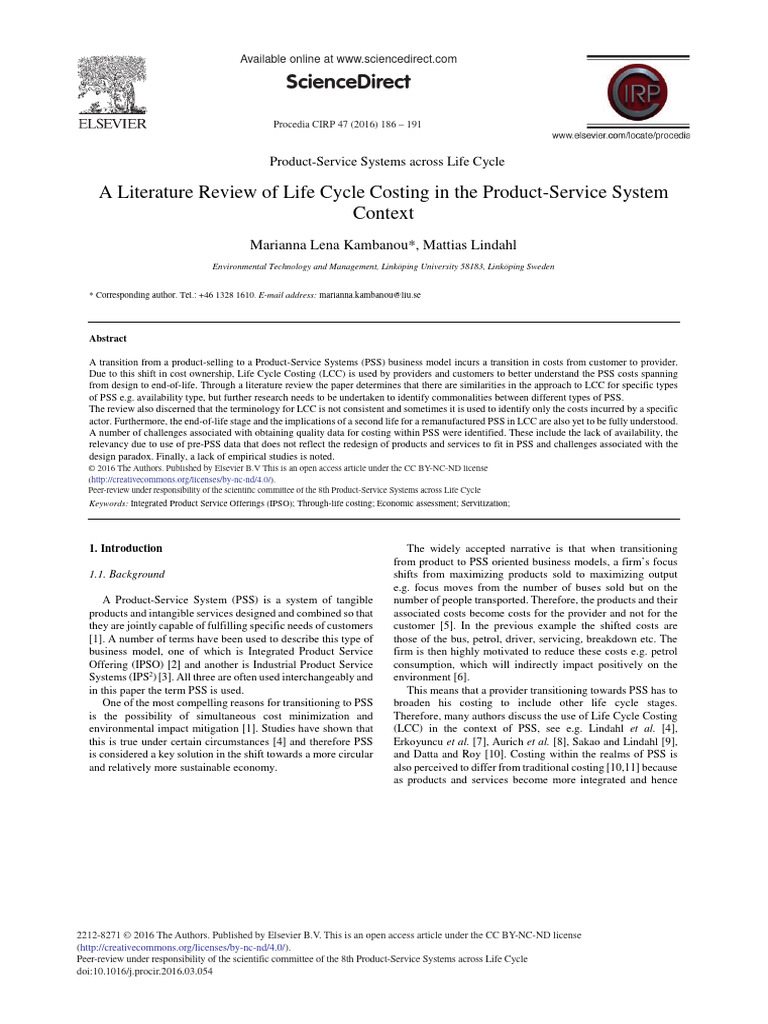 A Literature Review of Life Cycle Costing in The Product-Service System | PDF | Life Cycle ...
