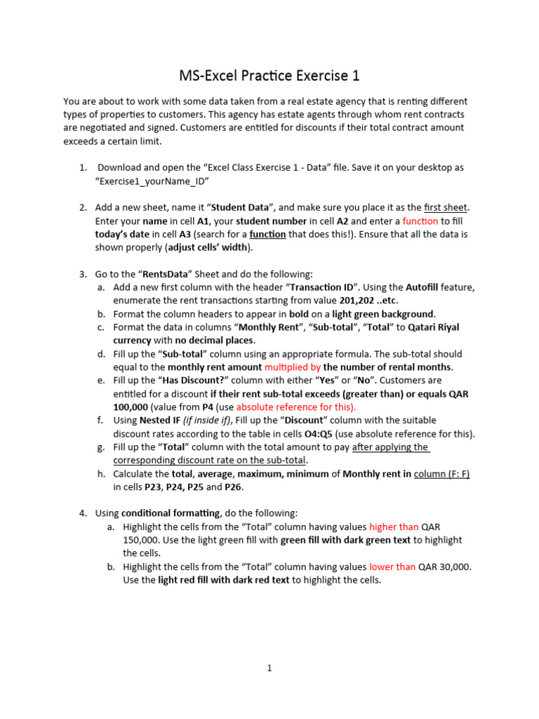 Excel Class Exercise 1 - Questions | PDF | Microsoft Excel