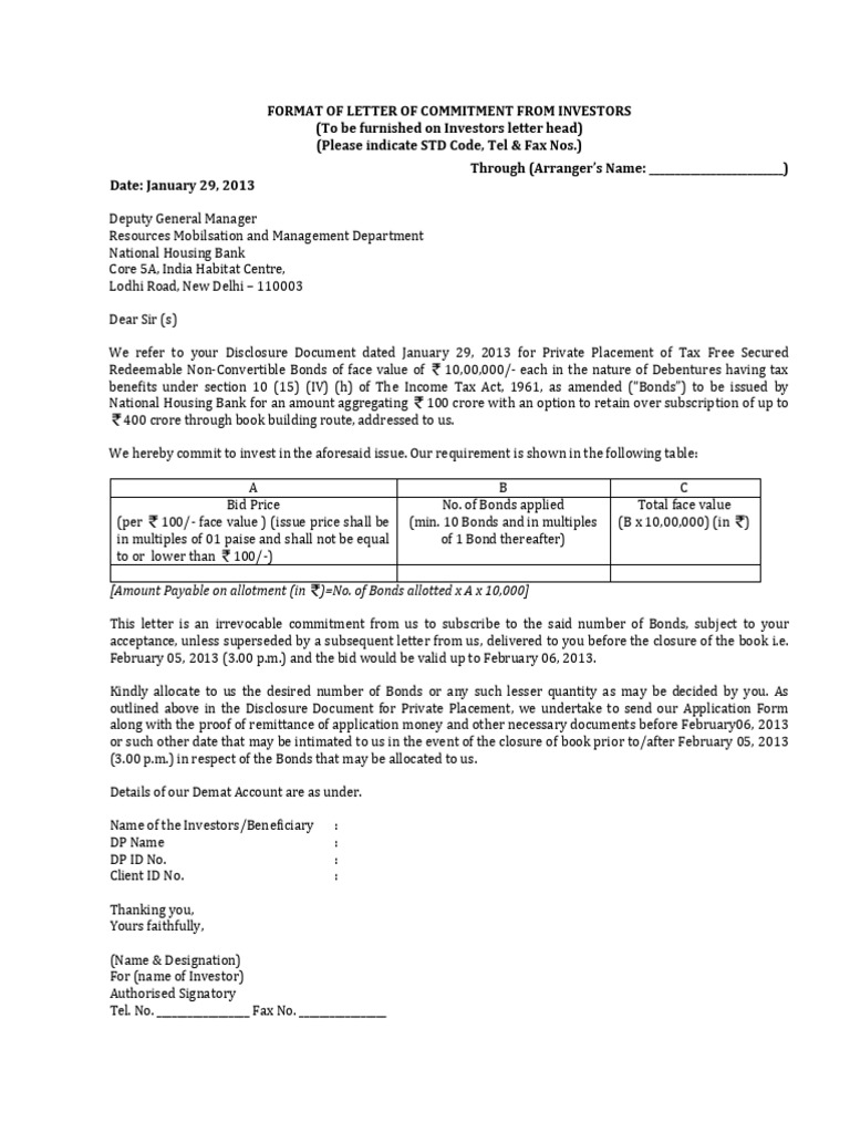 LETTER OF COMMITMENT | PDF | Bonds (Finance) | Private Sector