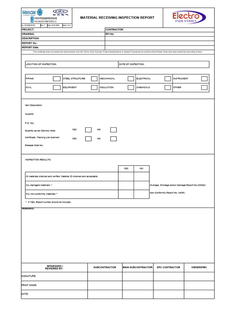 EI-CON-CIV-05-Material Receiving Inspection Report | PDF | Technology ...