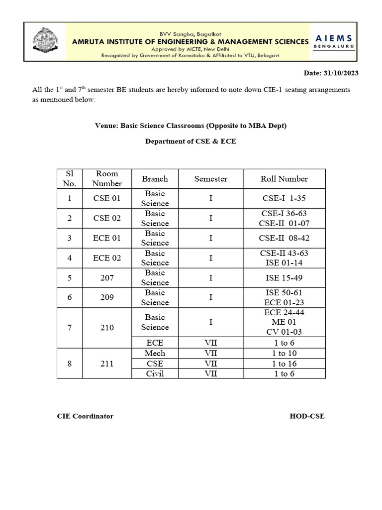 Seating Arrangements for CIE-1 2023-24 | PDF
