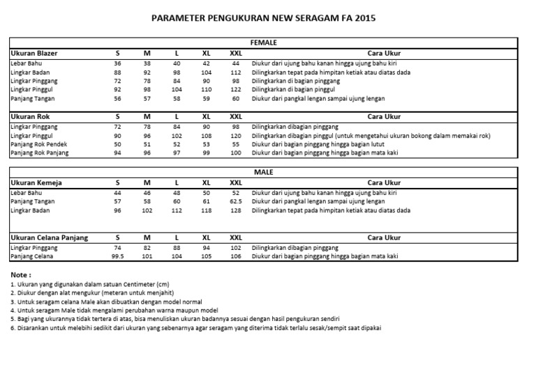 Template Panduan Ukuran Seragam FA | PDF