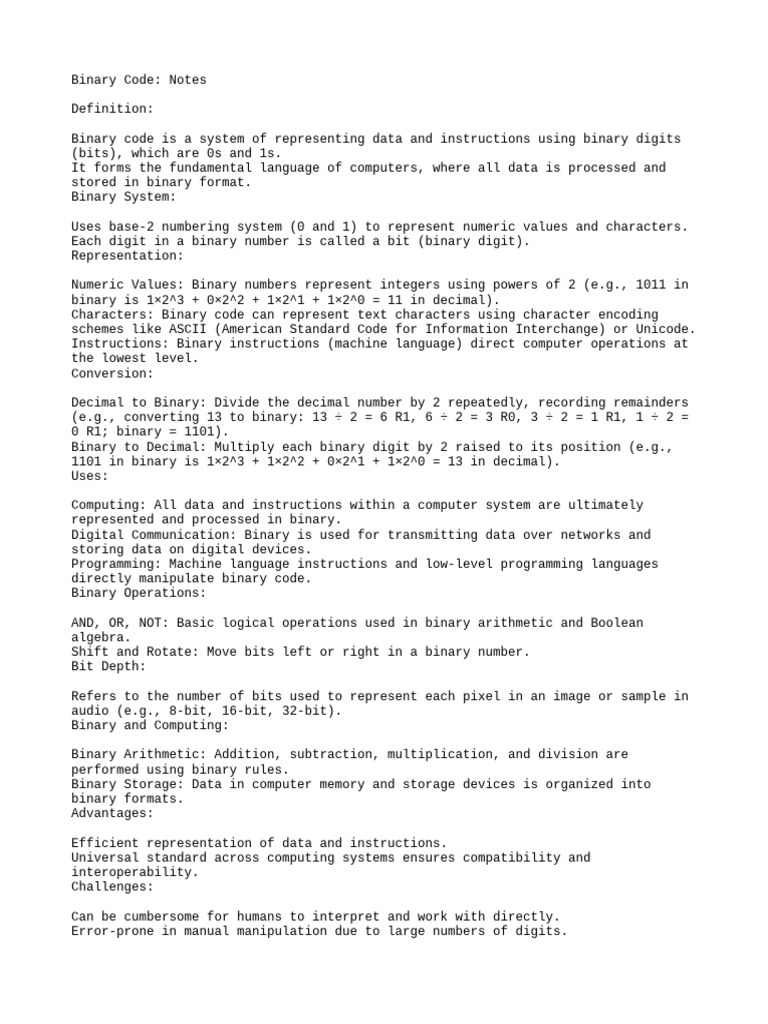 Binary Code Notes | PDF | Bit | Decimal