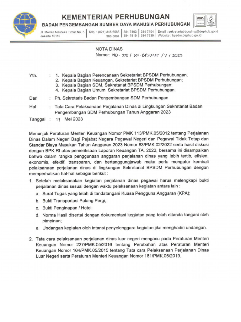 Nodin Tata Cara Pelaksanaan Perjadin Sekretariat BPSDMP | PDF