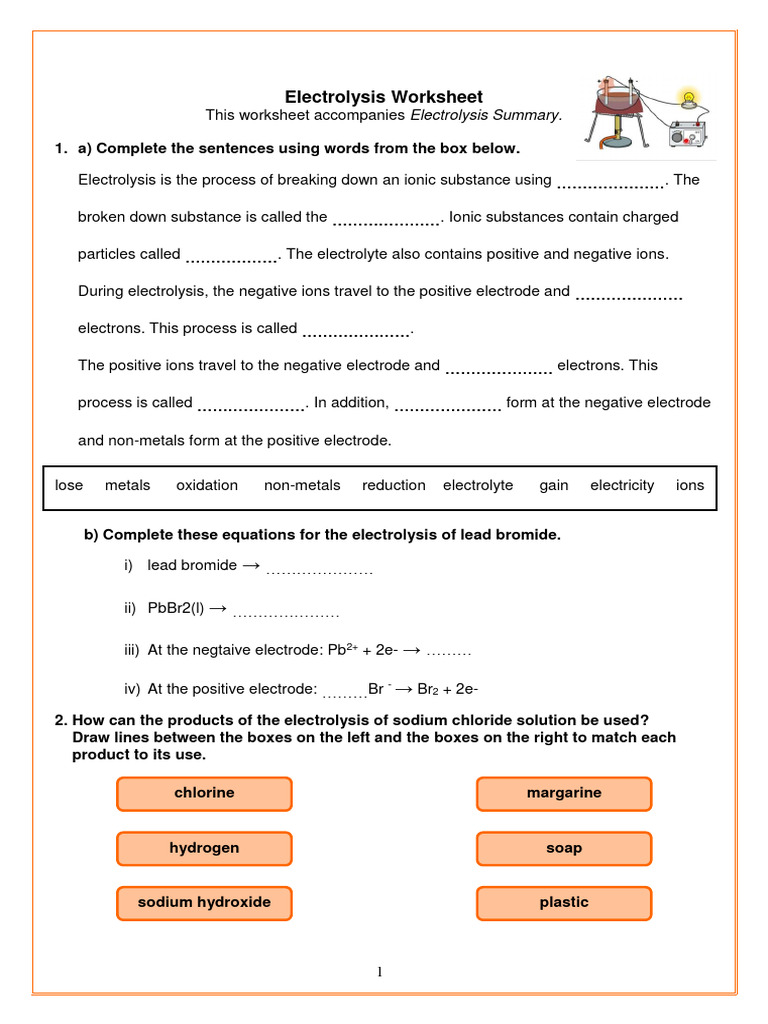 Electrolysis Worksheet | PDF | Ion | Electrolyte