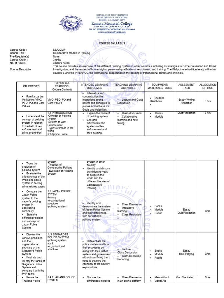LEA 2 Comparative Models in Policing Syllabus | PDF | Police | Transnational Organized Crime
