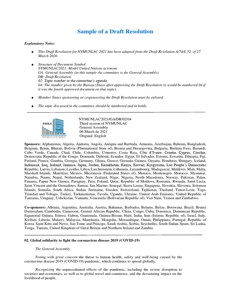 29 Sample of A Draft Resolution NYMUNLAC 2021 | PDF | Pandemic ...
