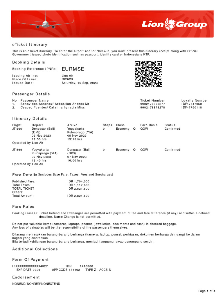Lion Air Eticket (EURMSE) - Benavides Sanchez | PDF | Civil Aviation | Transport Companies