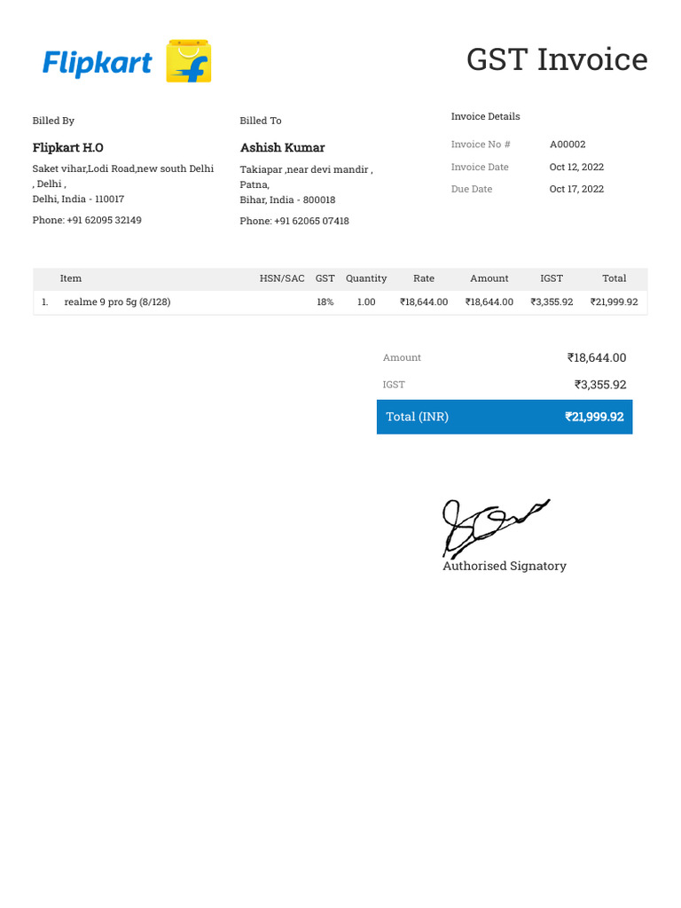 Invoice A00002 Flipkart Ho Ashish Kumar | PDF