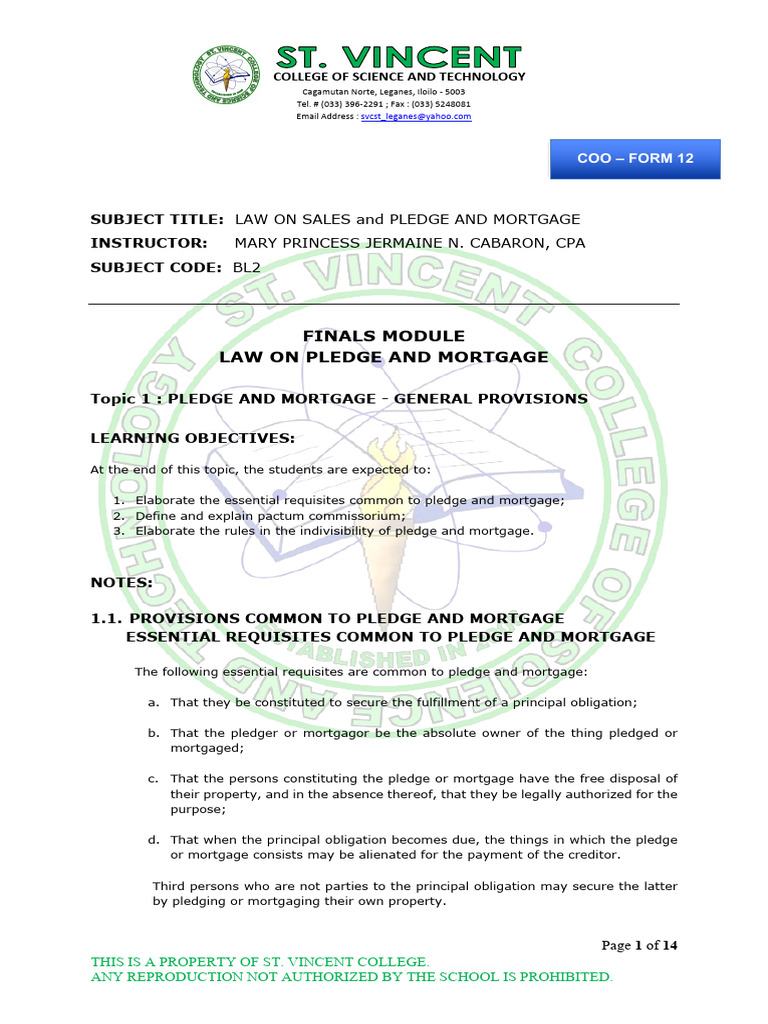 Finals Module Law On Pledge and Mortgage: Coo - Form 12 | PDF ...