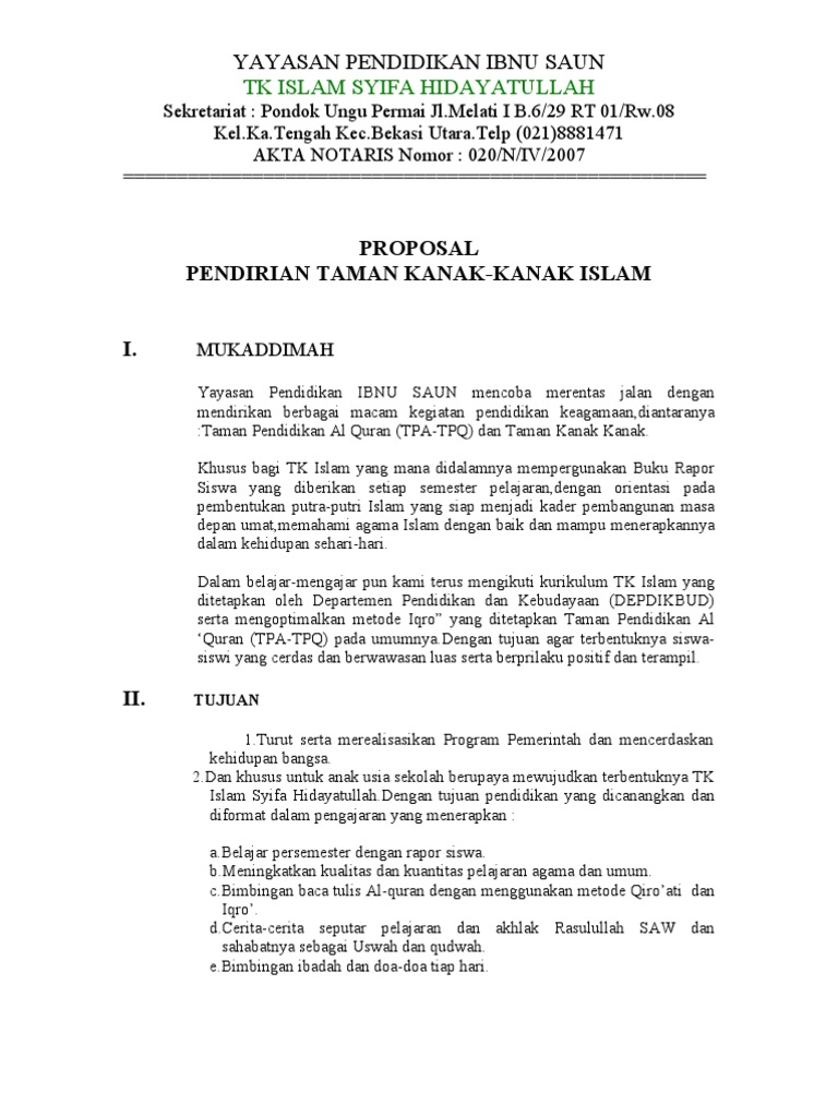 Proposal TK Syifa Hidayatullah | PDF