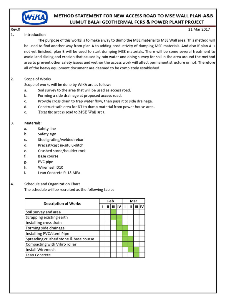 #Access Road To MSE Wall Plan A B - Method Statement | PDF | Drainage ...