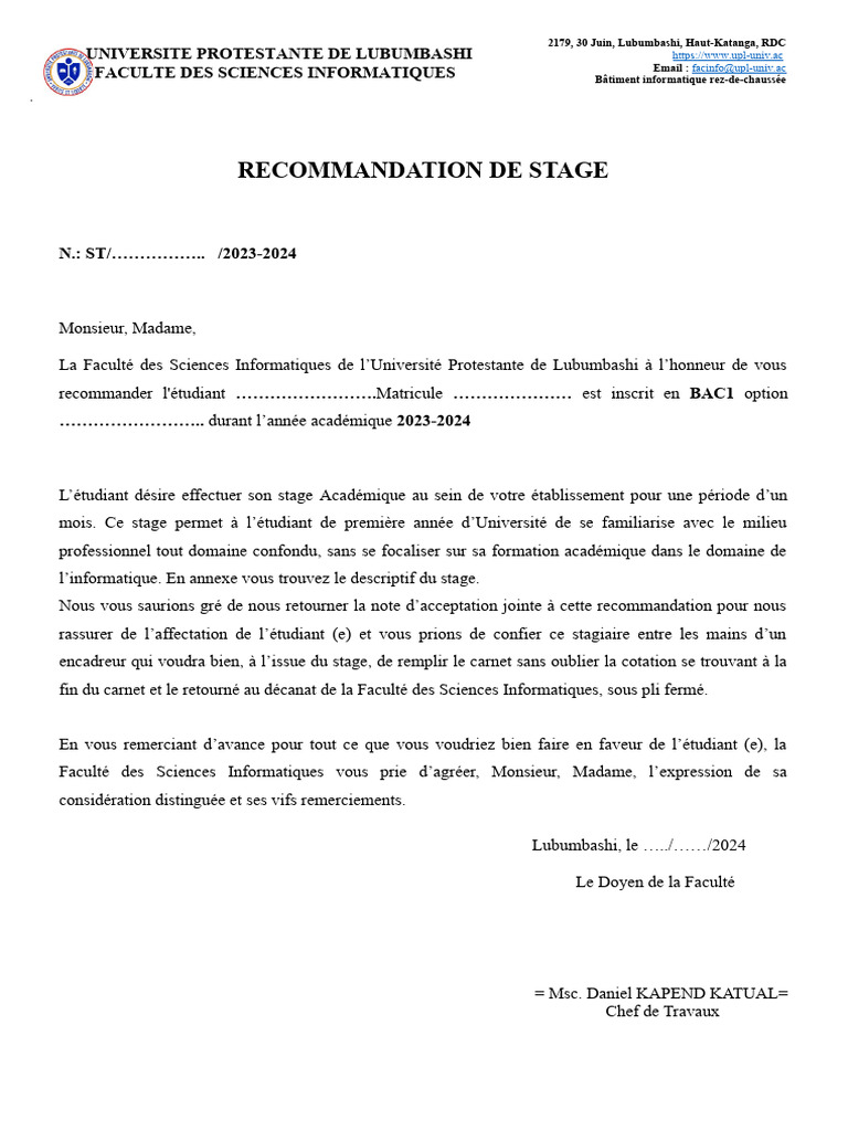 Recommandation de Stage Bac1 | PDF | Évolution de carrière | Technologie et ingénierie