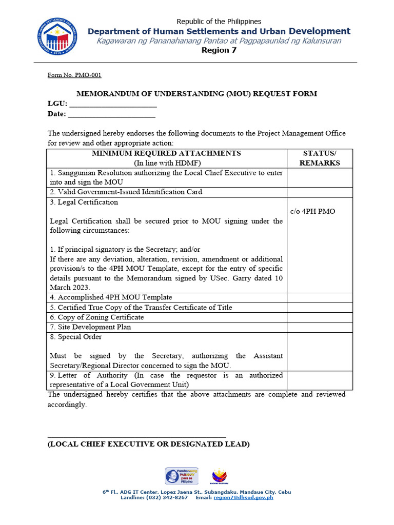 PMO FORM 1 MOU Request Form (LGU) | PDF | Finance & Money Management