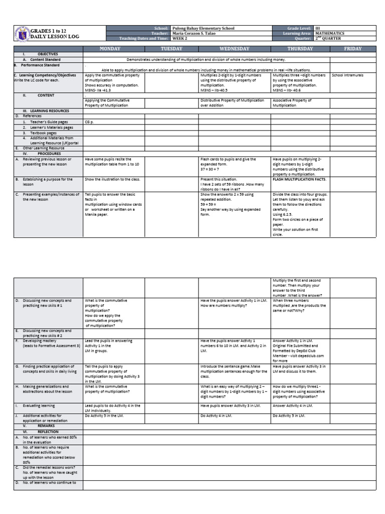 DLL_MATHEMATICS 3_Q2_W2 | Download Free PDF | Multiplication | Learning