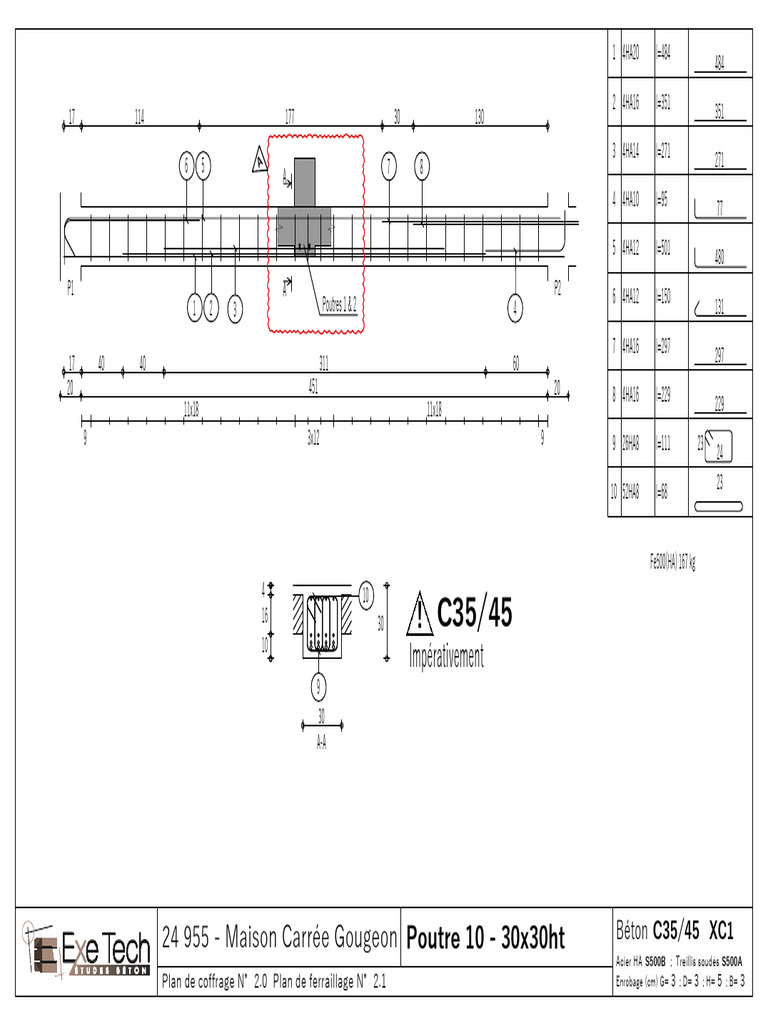 Plan de ferraillage et coffrage C35/45 | PDF | Ingénierie des structures