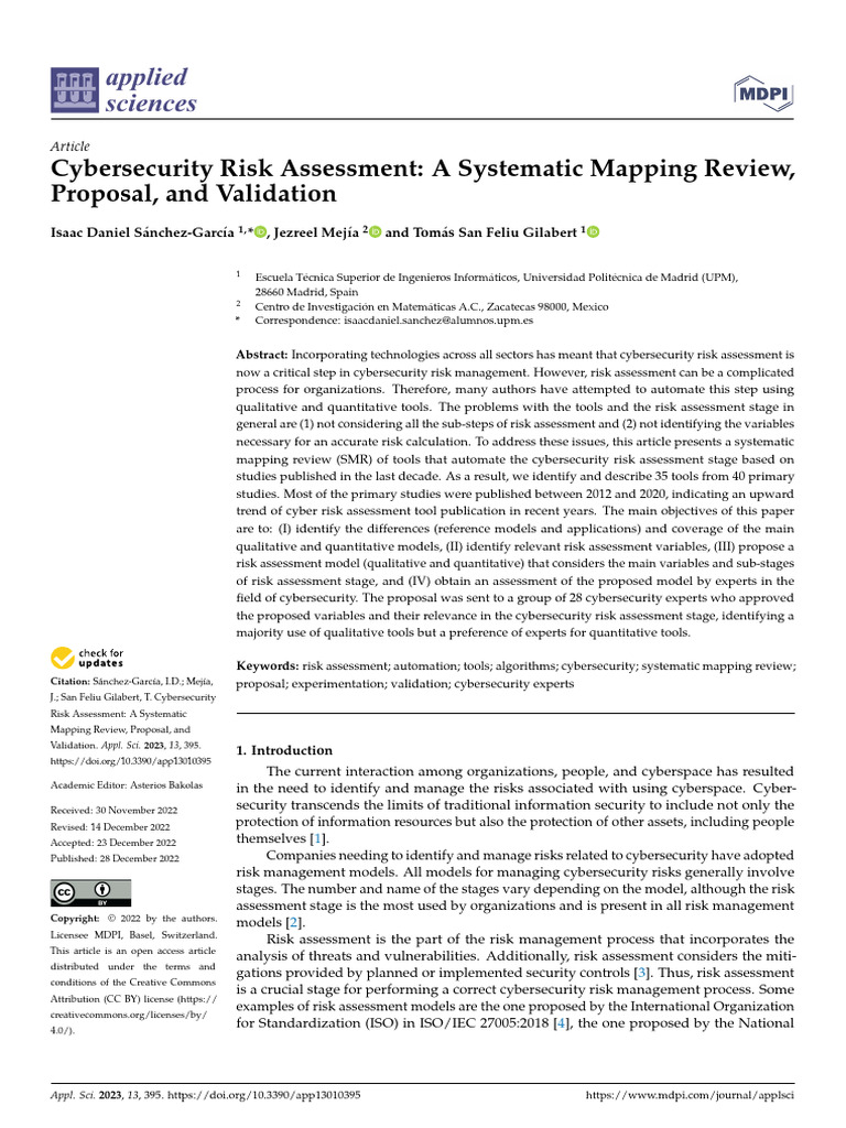Cybersecurity Risk Assessment A Systematic Mapping Review, Proposal, and Validation | PDF | Risk ...