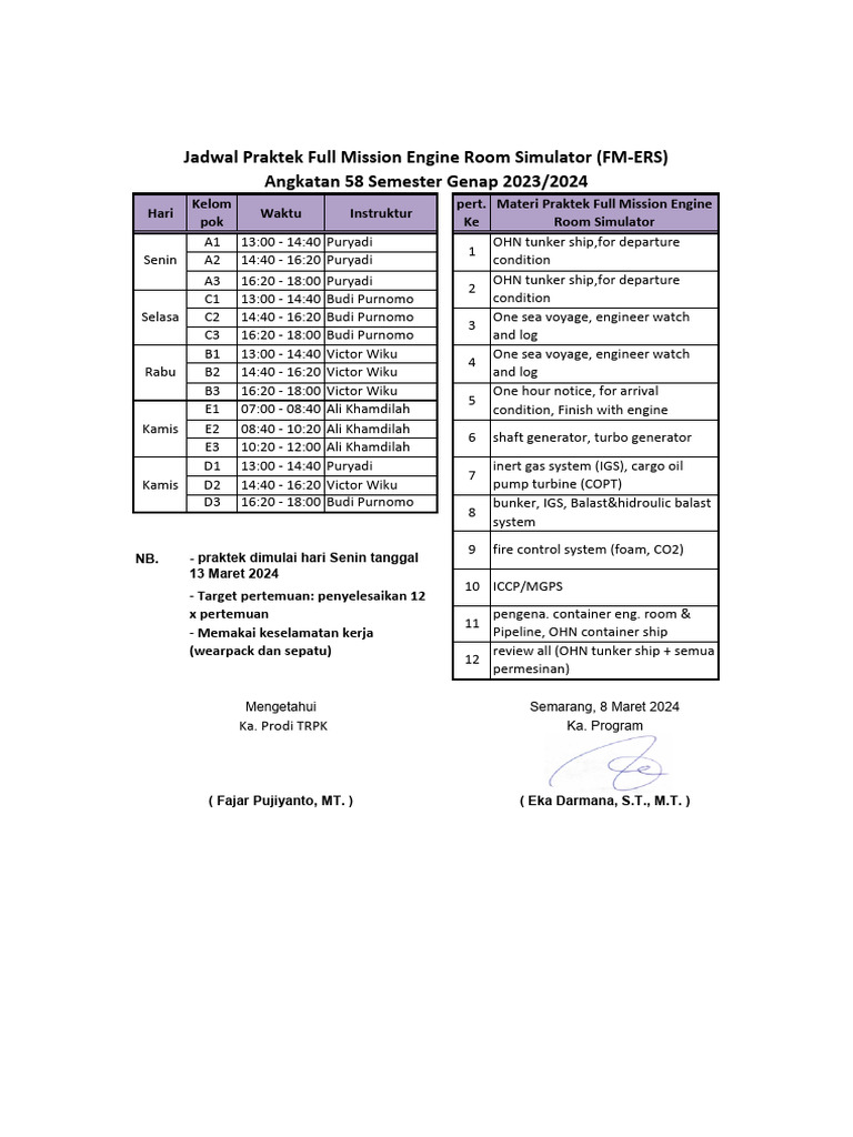 Jadwal Praktek Non Sks 20232 Angk 58 | PDF | Ships | Engineering