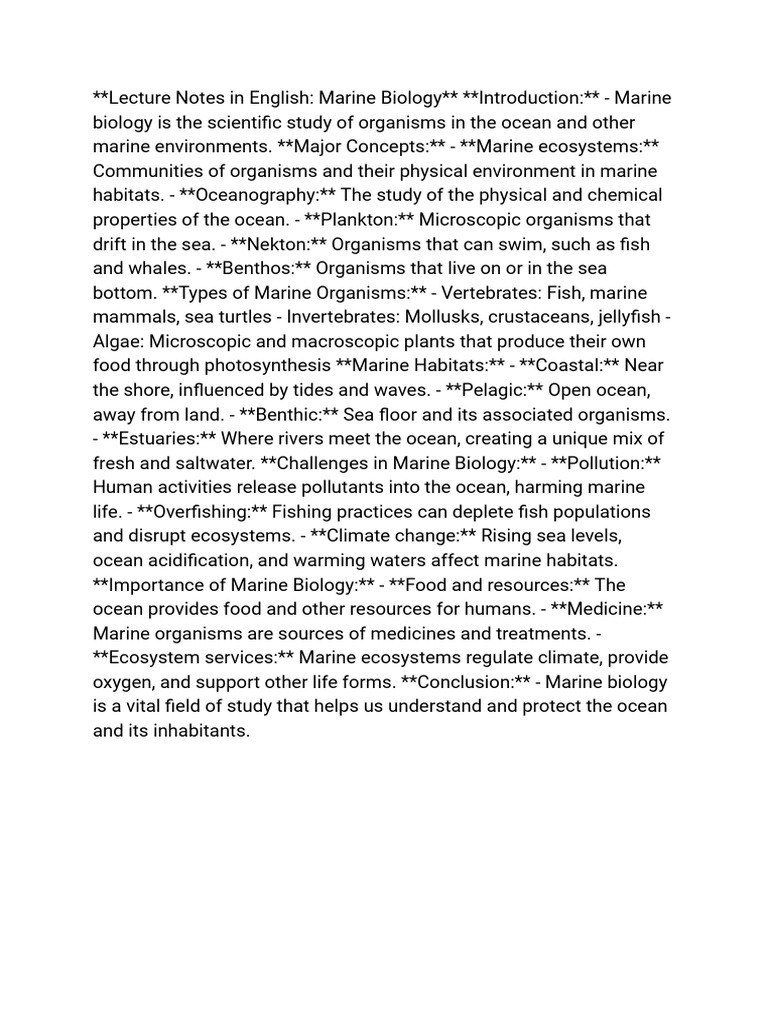 Marine Biology Notes | PDF | Social Science | Science & Mathematics