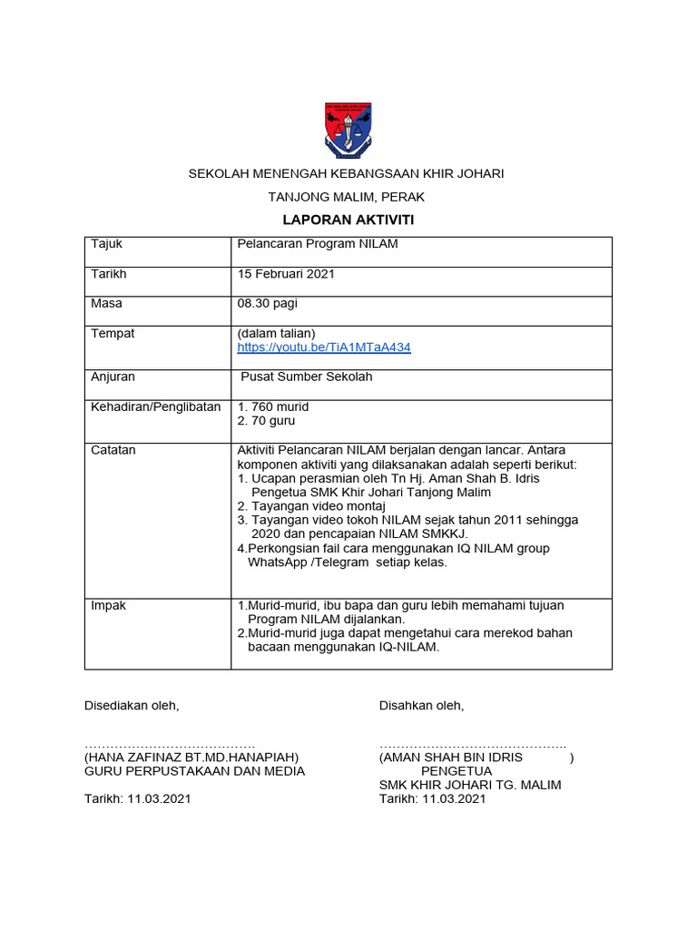 Laporan Pelancaran Program Nilam Tahun 2021 SMK Khir Johari Tanjong Malim, Perak | PDF