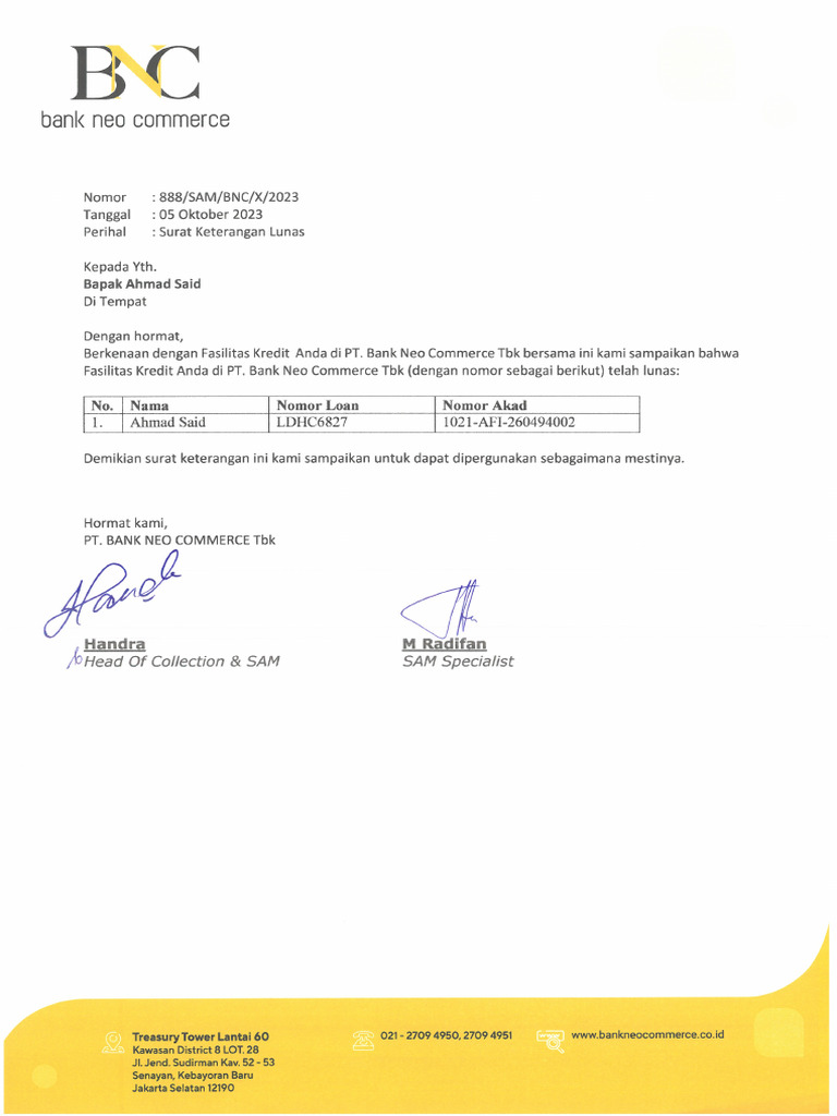 Surat Pelunasan Bank Neo Commerce Bapak Ahmad Said | PDF