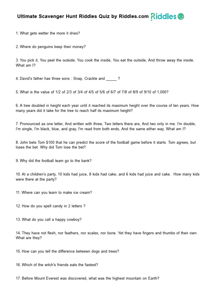 Fun Scavenger Hunt Riddles Quiz | PDF | Language Arts & Discipline ...