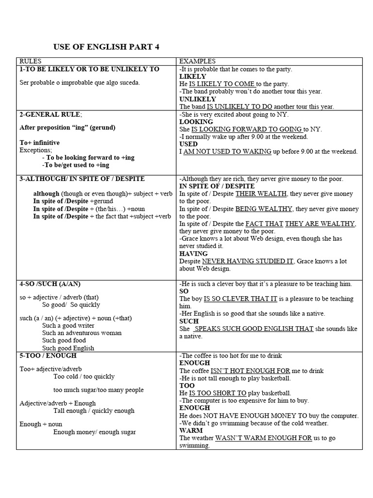 Use of English Part 4 Rules and Examples 2 | PDF | Adjective | English ...