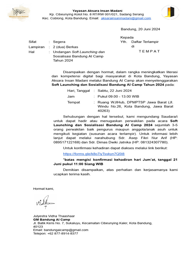 Surat Undangan Soft Launching Bandung AI Camp 22 Juni 2024 | PDF