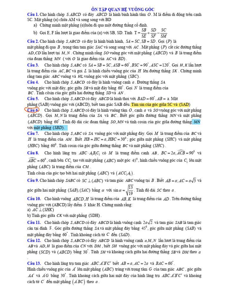 ÔN TẬP QUAN HỆ VUÔNG GÓC | PDF