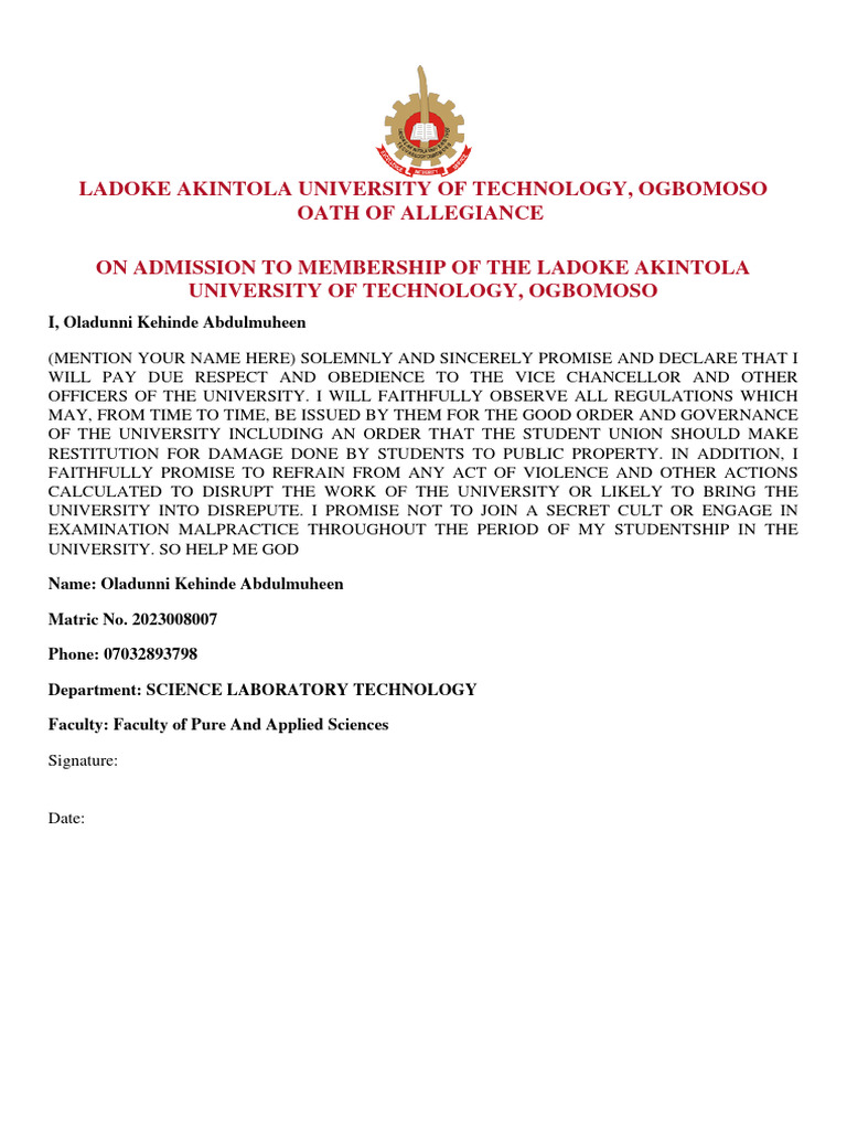 LAUTECH Student Oath | PDF | Law