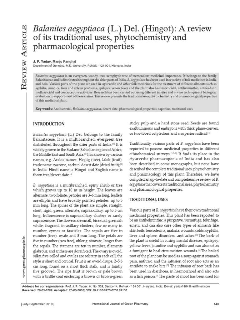 Balanites Aegyptiaca L Del Hingot A Review of Its Traditional Uses ...