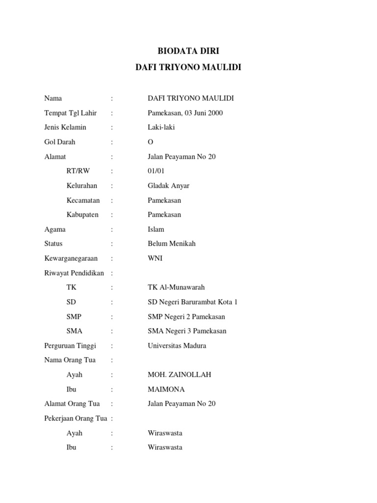 Biodata Diri Dafi | PDF