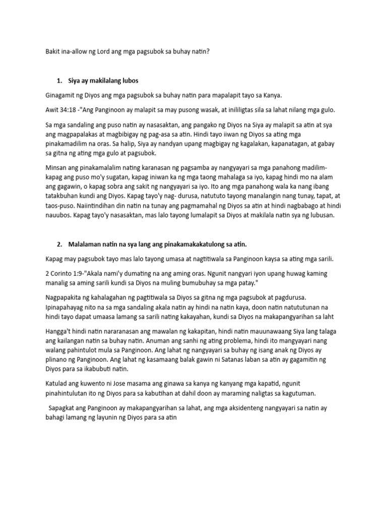 Bakit Inialow NG Lord Ang Mga Pagsubok Sa Buhay Natin | PDF