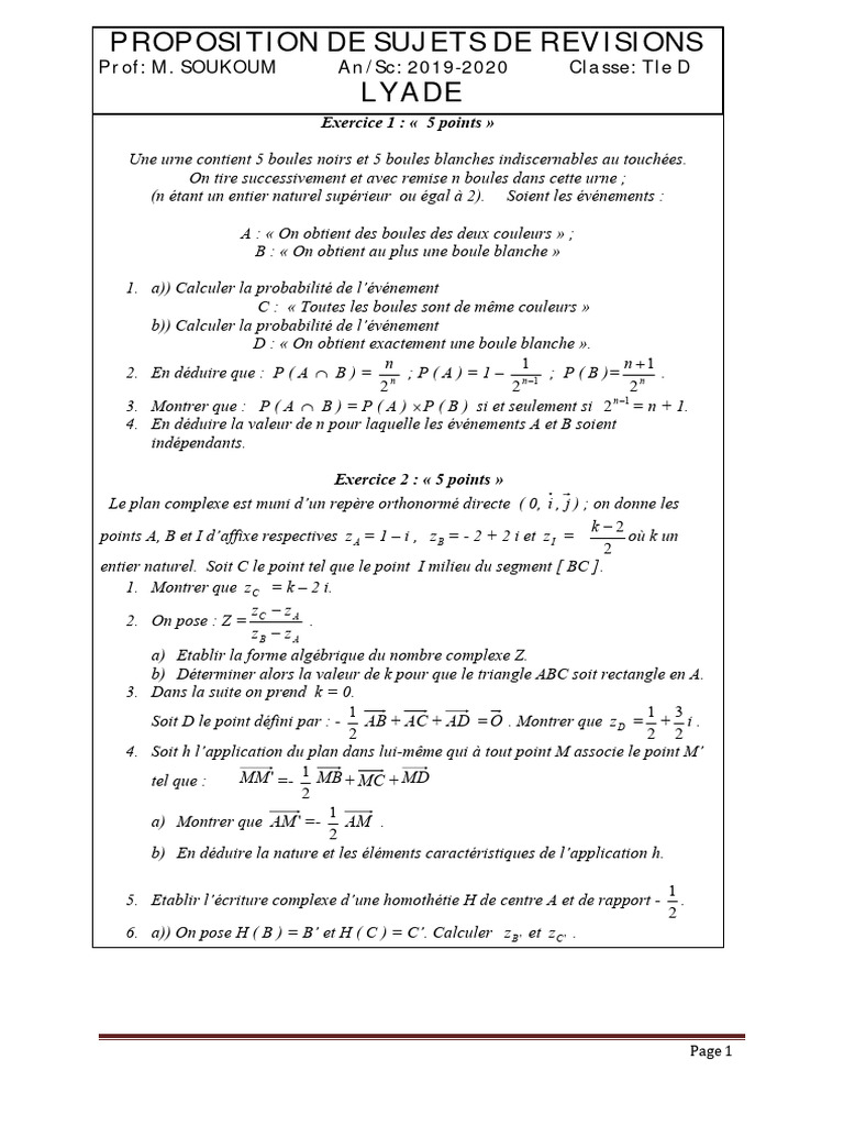 Annale Revision de Terminale D (BB) | PDF | Probabilité | Fonction ...