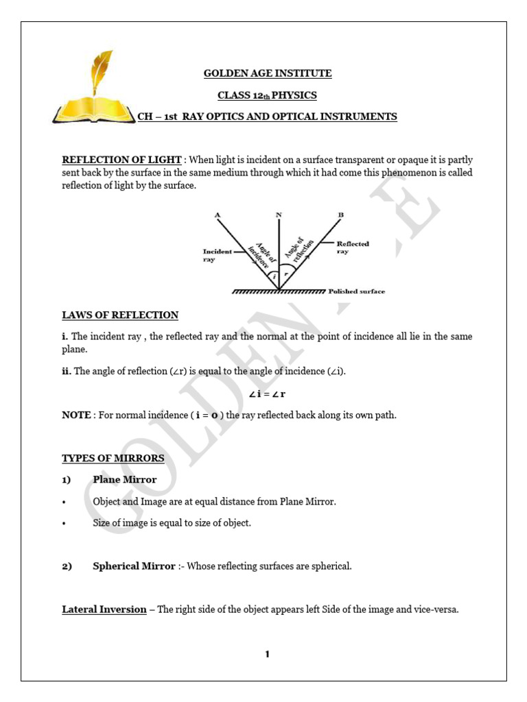 CH - 9 Ray Optics | PDF | Refractive Index | Optics