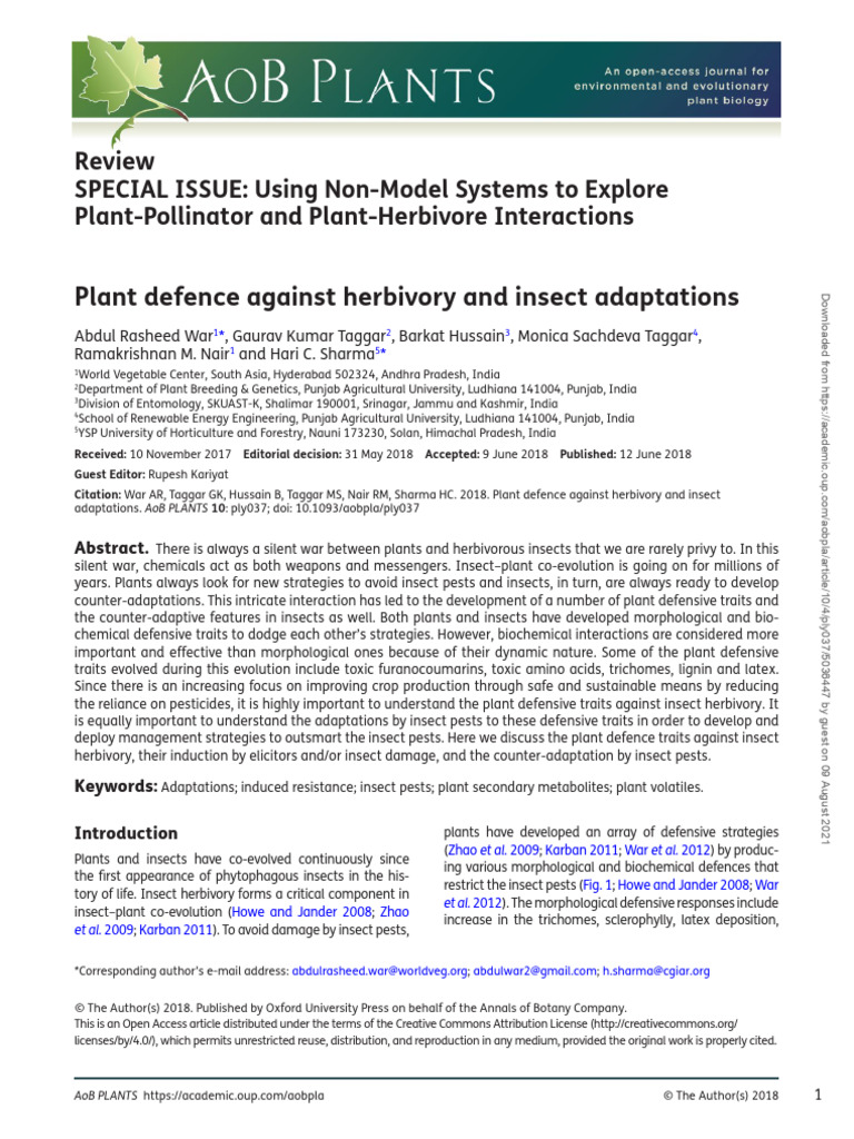 2018 War Et Al Plant Defence Against Herbivory | PDF | Biochemistry ...
