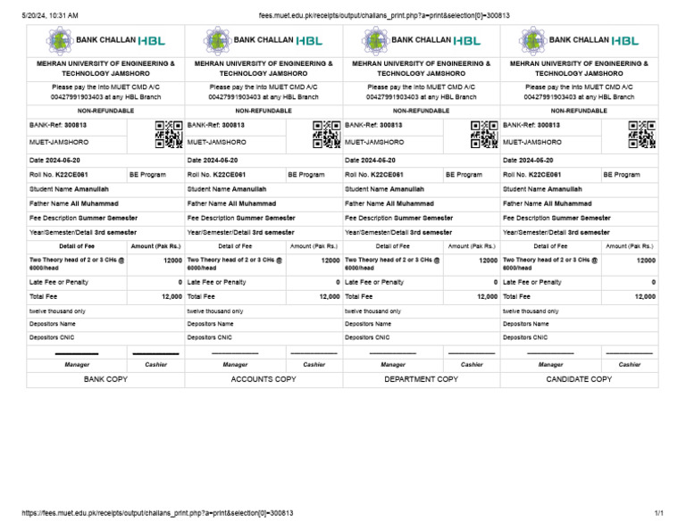 MUET Bank Challan for Summer Fees | PDF | Service Industries ...