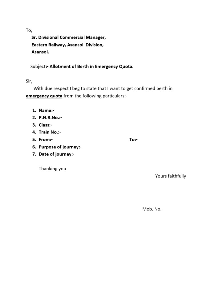 Emergency Quota Berth Request | PDF