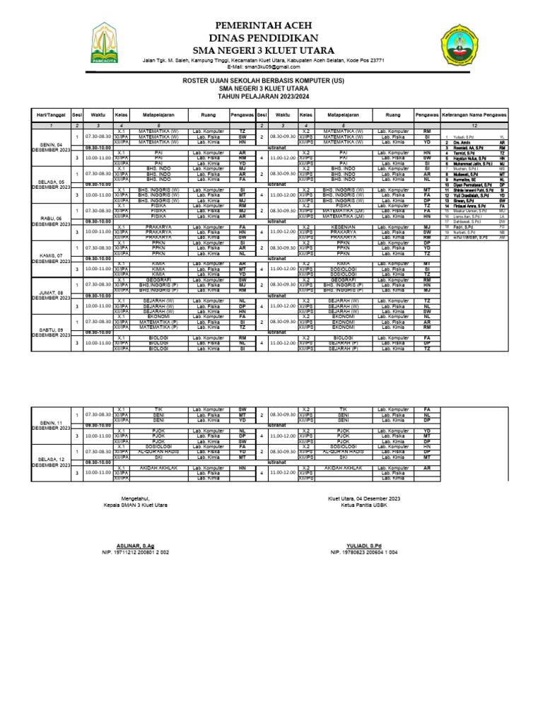 Roster Ujian Semester Ganjil Asli 2023 | PDF