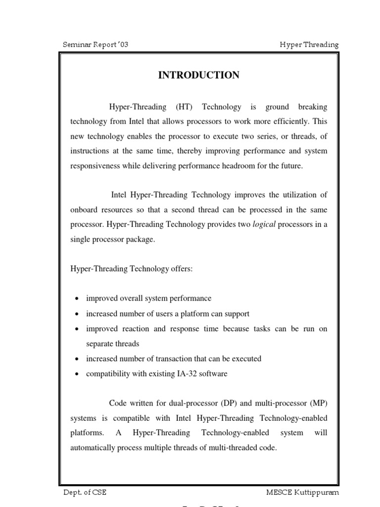 Z-HYPER THREADING Seminar Report | PDF | Thread (Computing) | Central Processing Unit