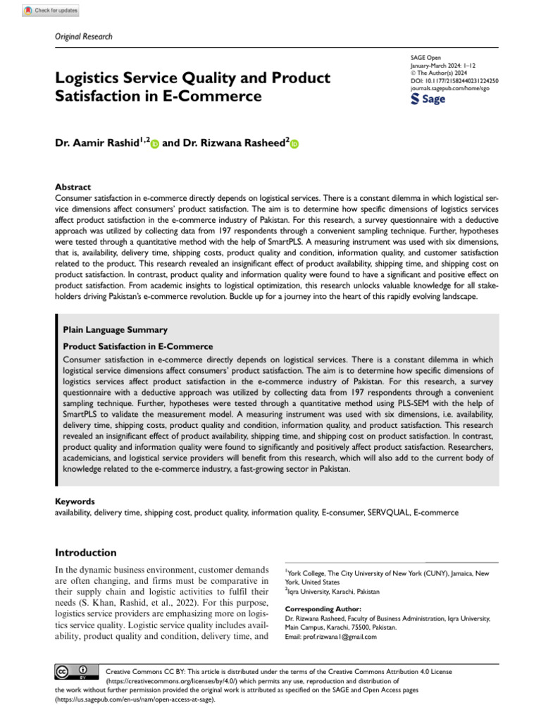 Rashid Rasheed 2024 Logistics Service Quality and Product Satisfaction in e Commerce | Download ...