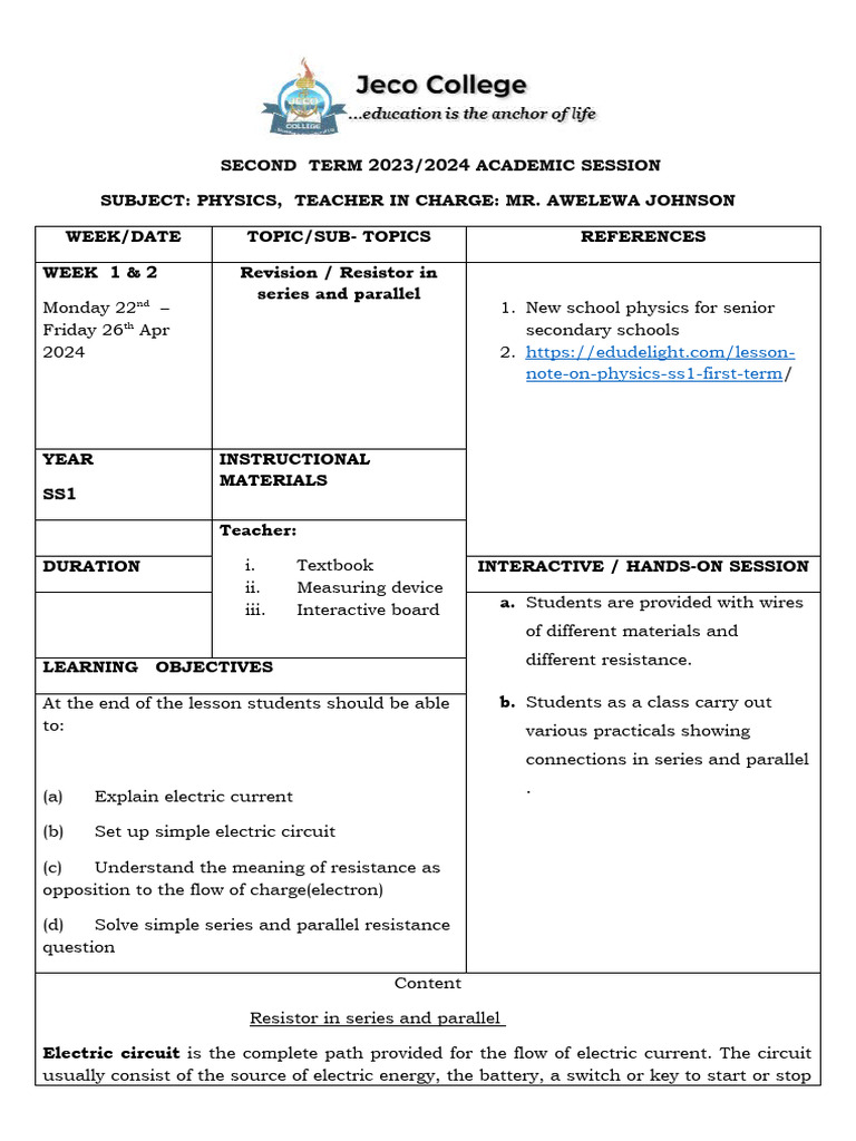 Phy Lesson Plan Ss1 Wk1 | PDF | Electrical Resistance And Conductance ...