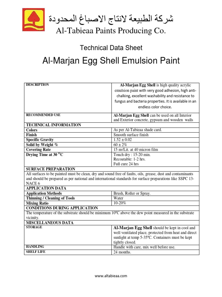 Al-Marjan Egg Shell Emulsion Paint Guide | PDF | Paint | Materials