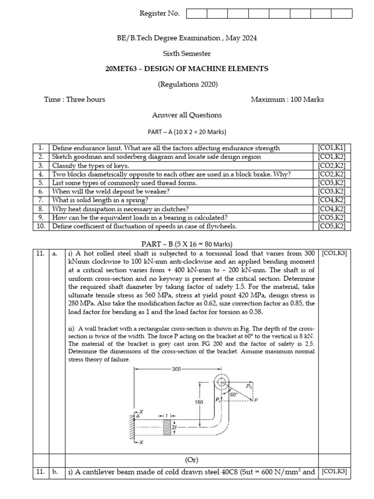 Design of Machine Elements question paper sample | PDF | Strength Of ...