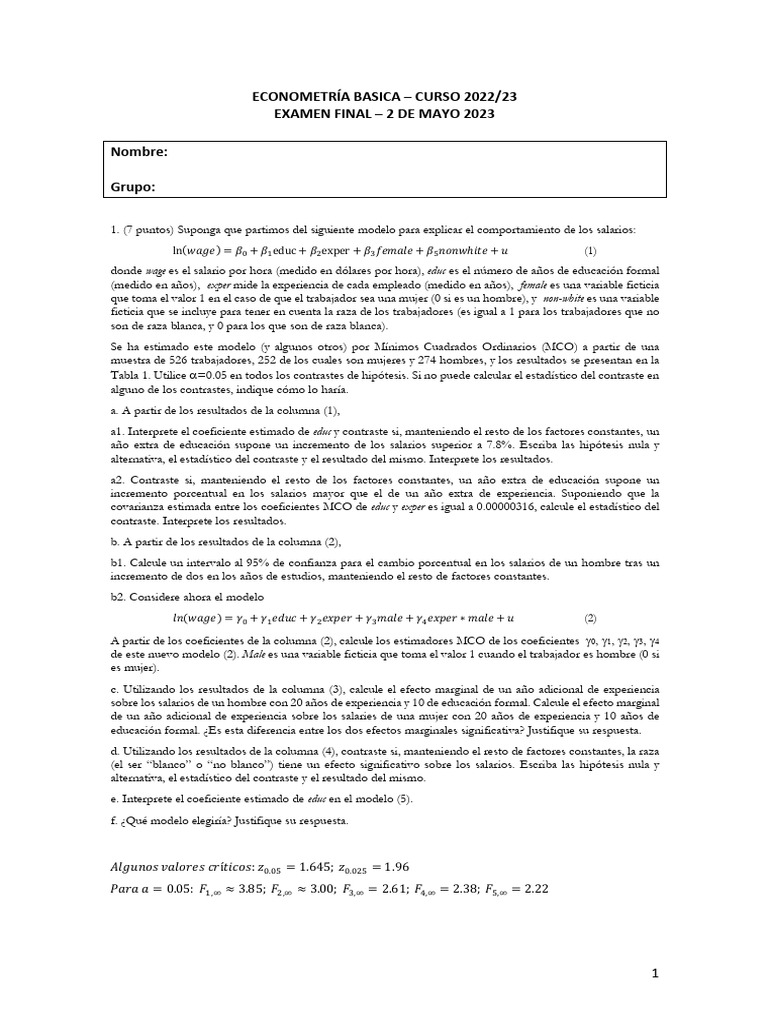 Examen May2023 | PDF | Mínimos cuadrados ordinarios | Métodos ... Examen May2023 | PDF | Mínimos cuadrados ordinarios | Métodos ...