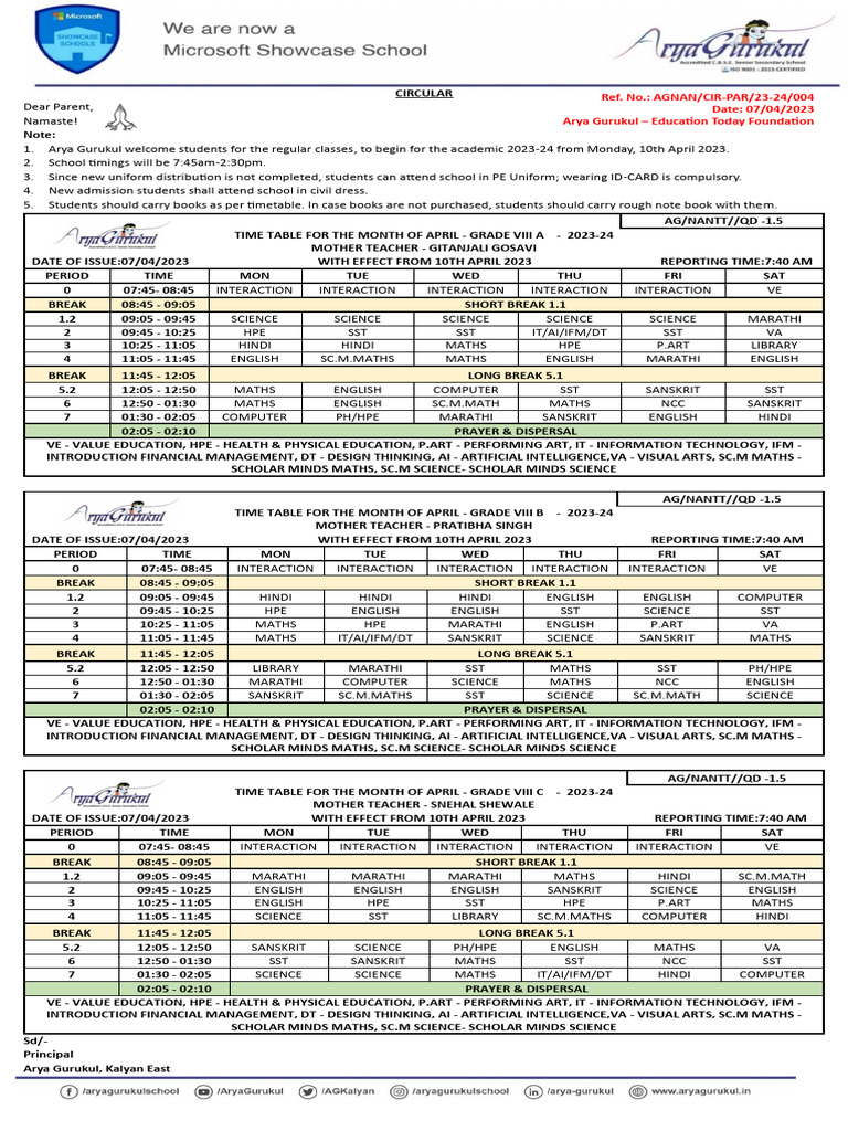 Circular 004 - Grade VIII April TimeTable 2023 | PDF | Cognition | Cognitive Science