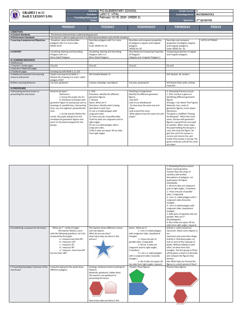 DLL Mathematics 5 q3 w3 Final Na | PDF | Triangle | Shape