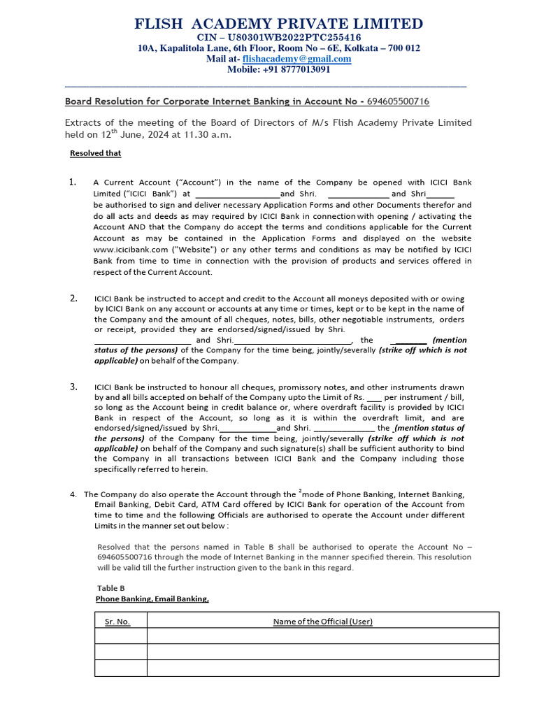 Board Resolution For Opening Current Account - NEW - 12062014 | PDF ...