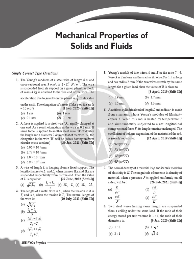 65ae4e7e7eeaf300186ad61f - ## - Mechanical Properties of Solids and Fluids: PYQ Practice Sheet ...